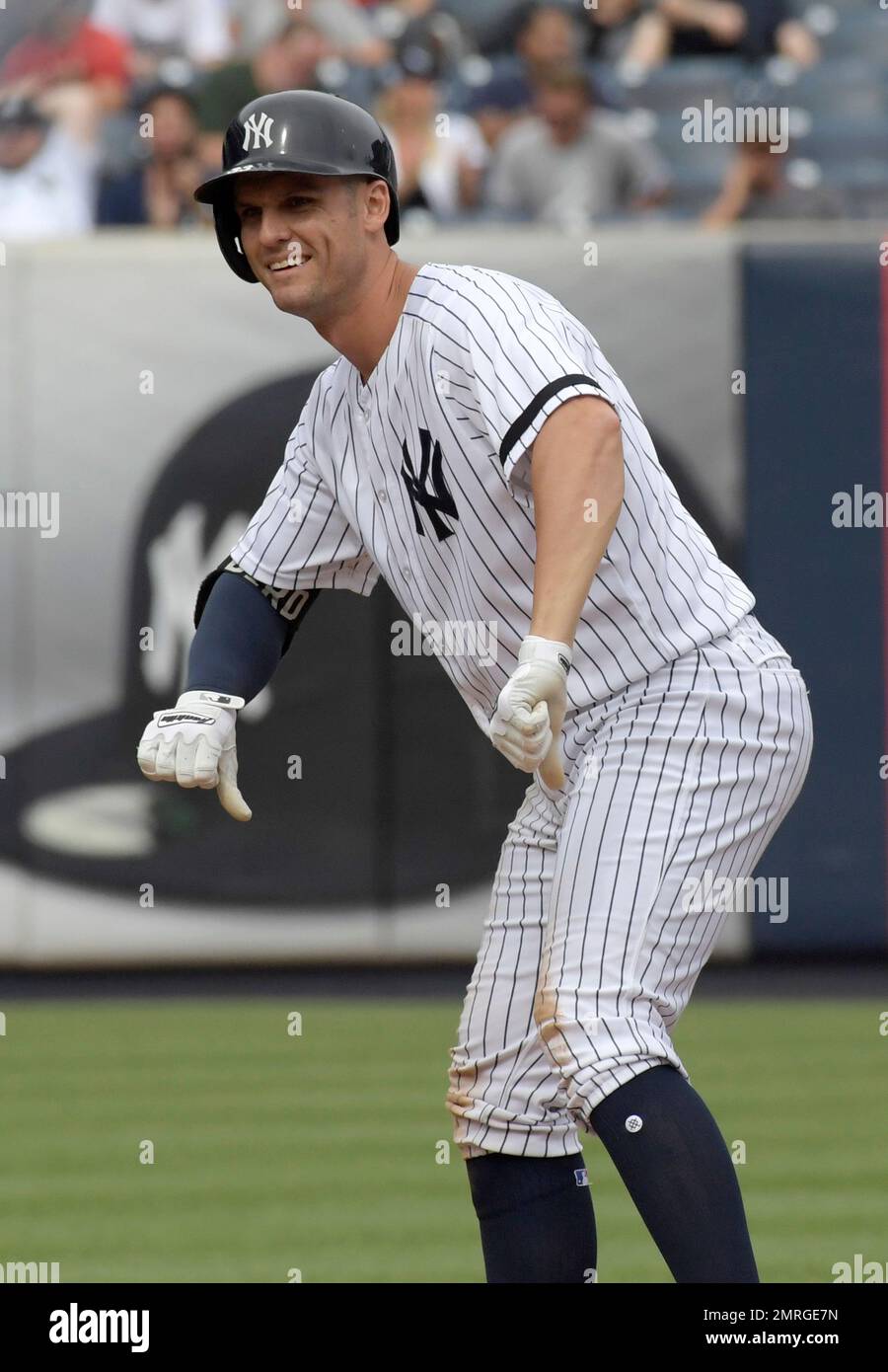 New York Yankees' Greg Bird reacts after hitting an RBI-double during ...