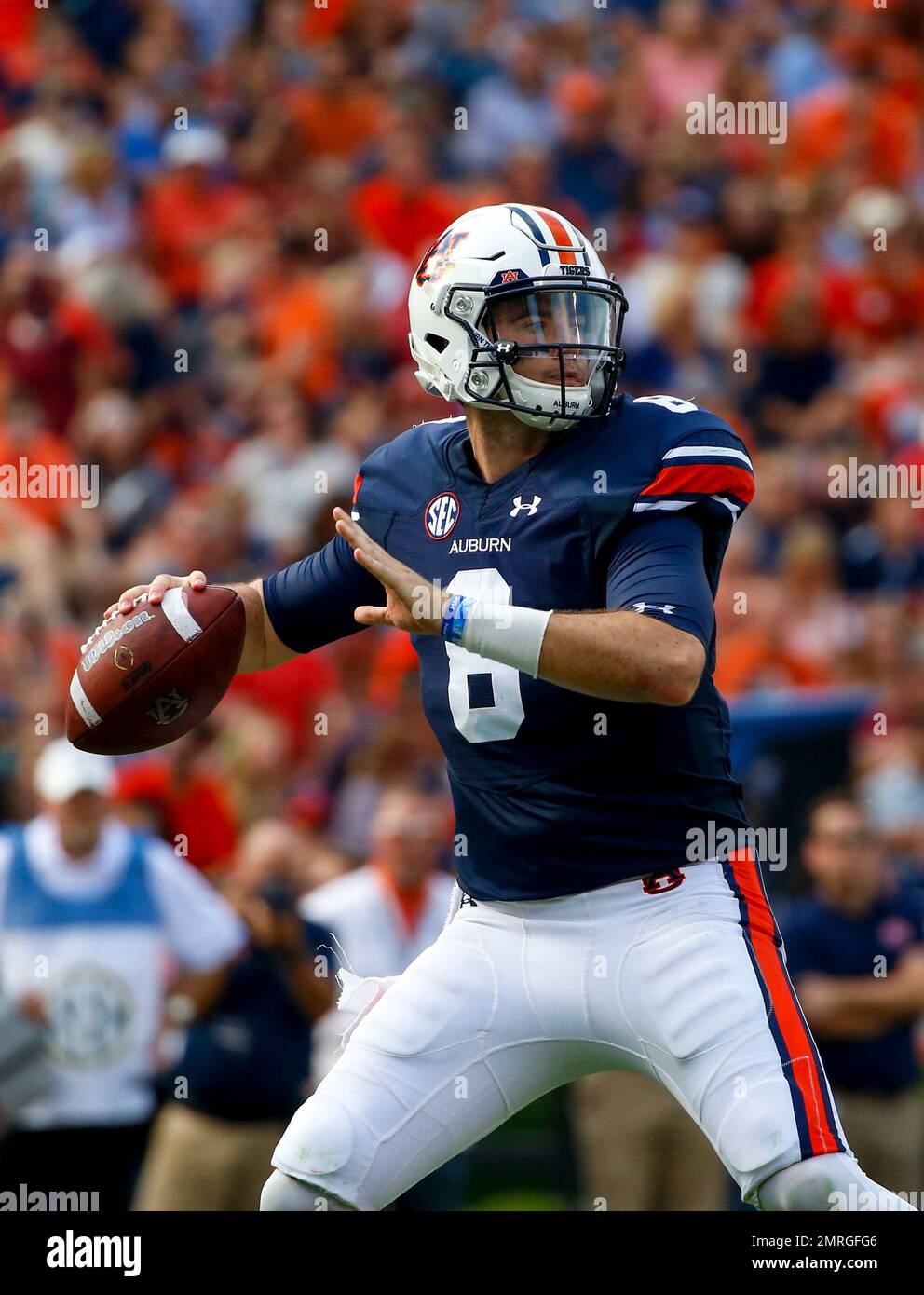 Auburn quarterback Jarrett Stidham (8) looks to pass during the first ...