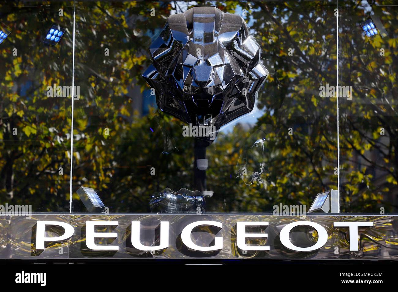 The logo of Peugeot, French car manufacturer, part of Groupe PSA, is ...
