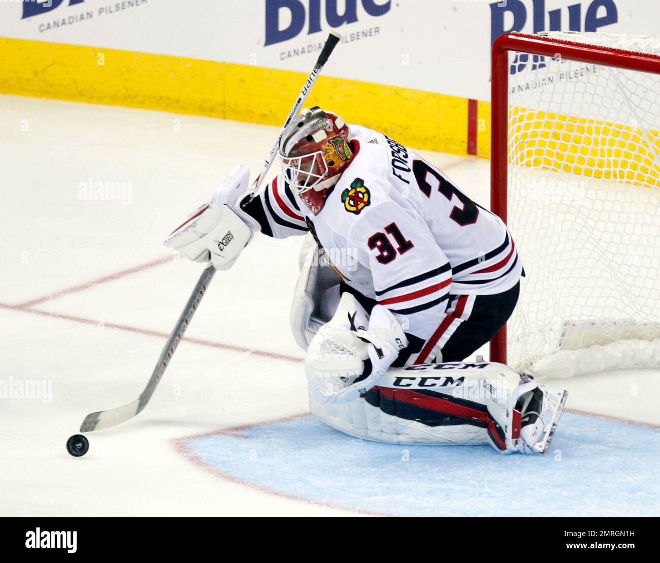 Chicago Blackhawks goalie Anton Forsberg, of Sweden, stops a shot ...