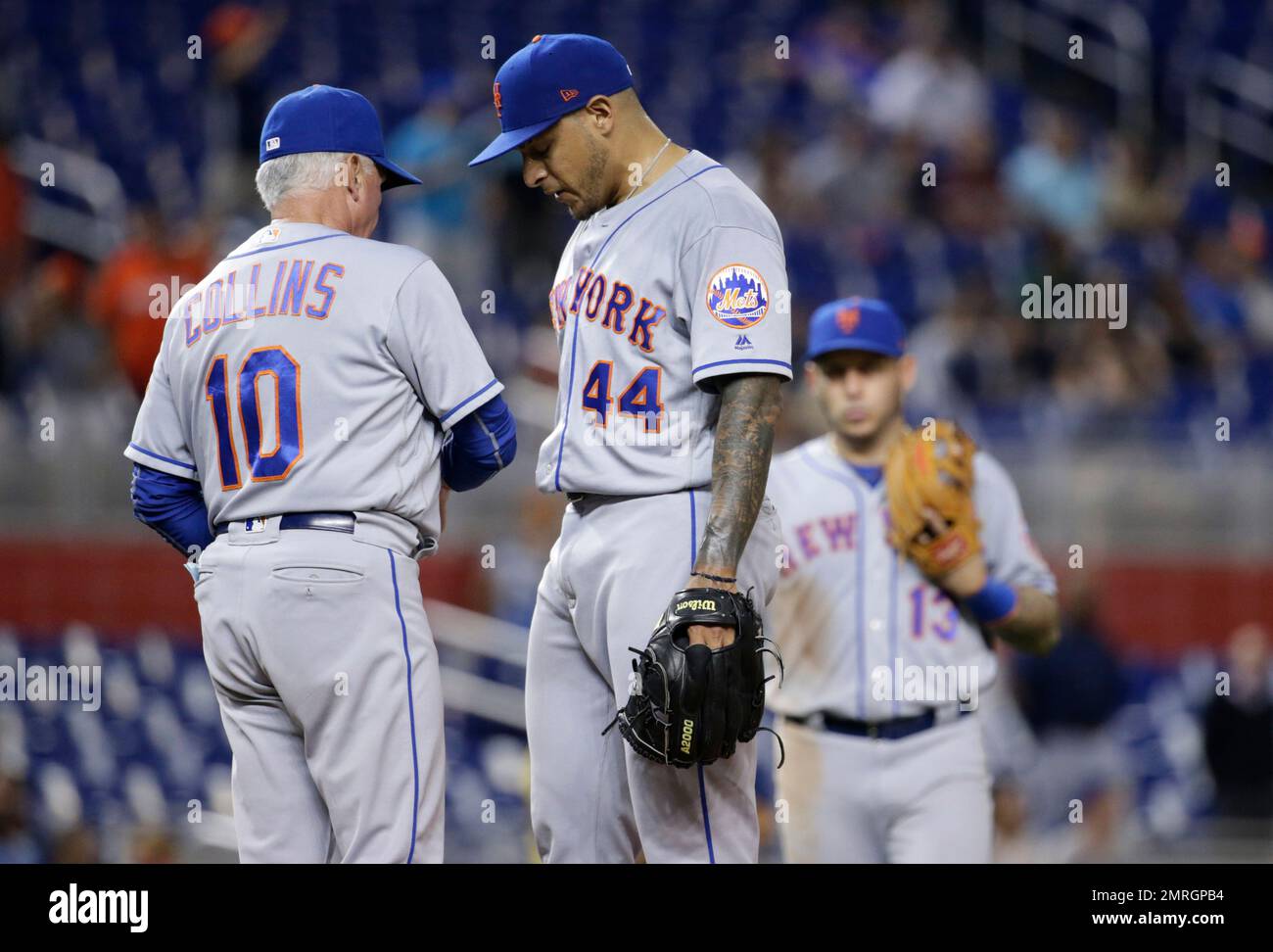 New York Mets relief pitcher AJ Ramos (44) is relieved from the game by ...