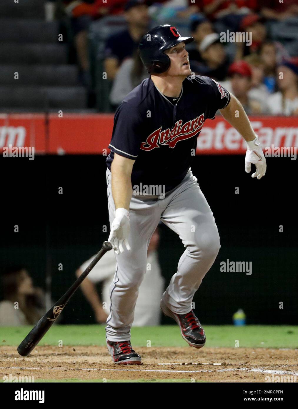 Cleveland Indians' Jay Bruce watches his RBI-double against the Los ...