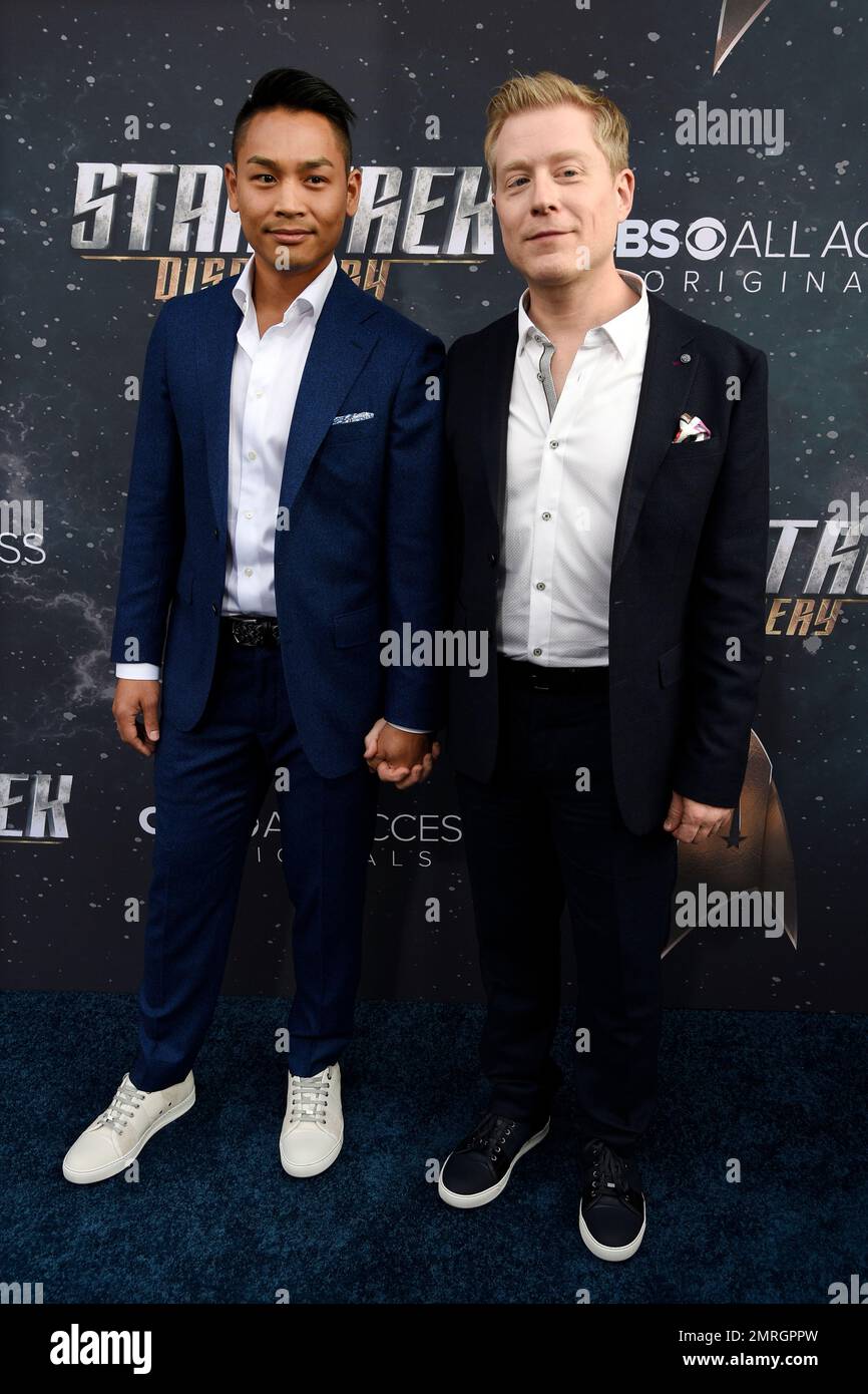 Anthony Rapp, right, a cast member in "Star Trek: Discovery," poses ...
