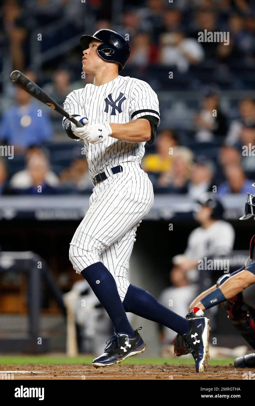 New York Yankees' Aaron Judge (99) watches his first-inning, solo home ...
