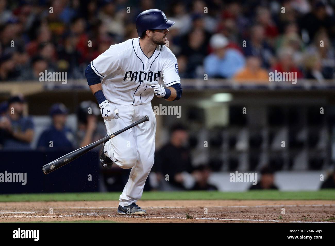 San Diego Padres' Austin Hedges throws his bat after lining out during ...