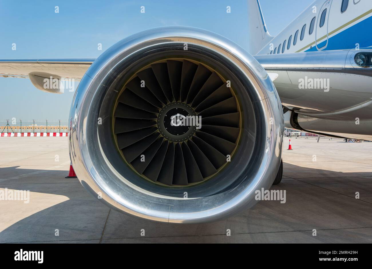 A closeup of an engine part of the Boeing 737 in Abu Dhabi Air expo ...