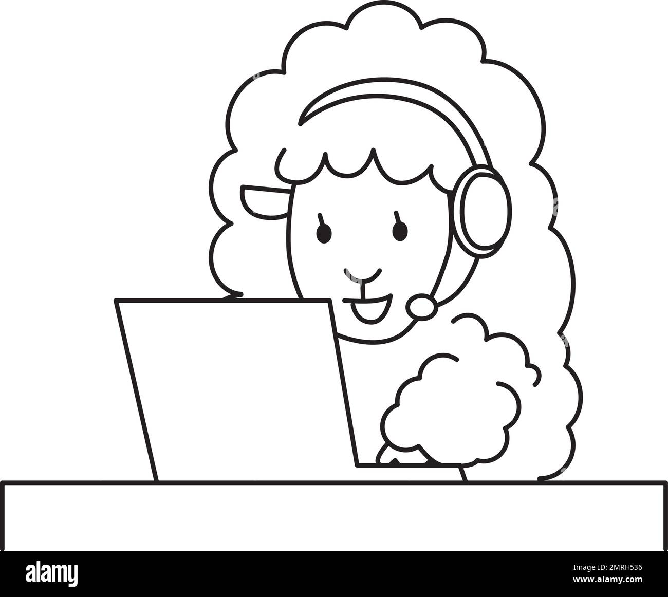 The operator sheep receives the call on the laptop. Sheep working on ...