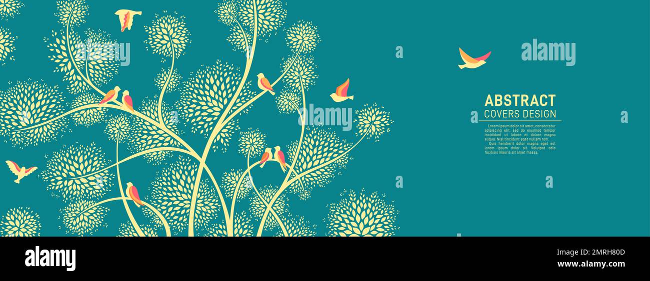 Flock of bird and tree branches trendy design background. Asian exotic ...