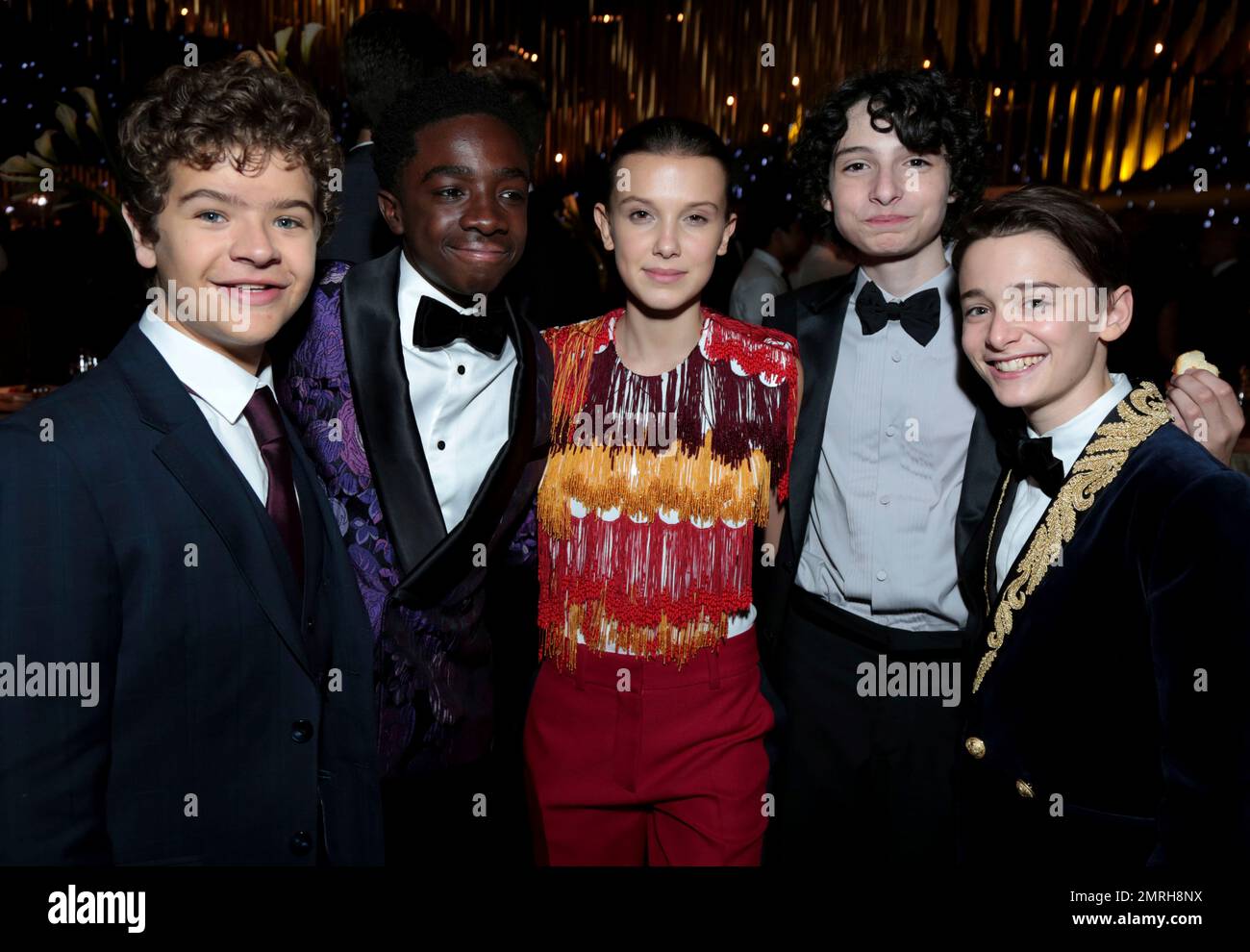 Gaten Matarazzo, from left, Caleb McLaughlin, Millie Bobby Brown, Finn Wolfhard and Noah Schnapp ...