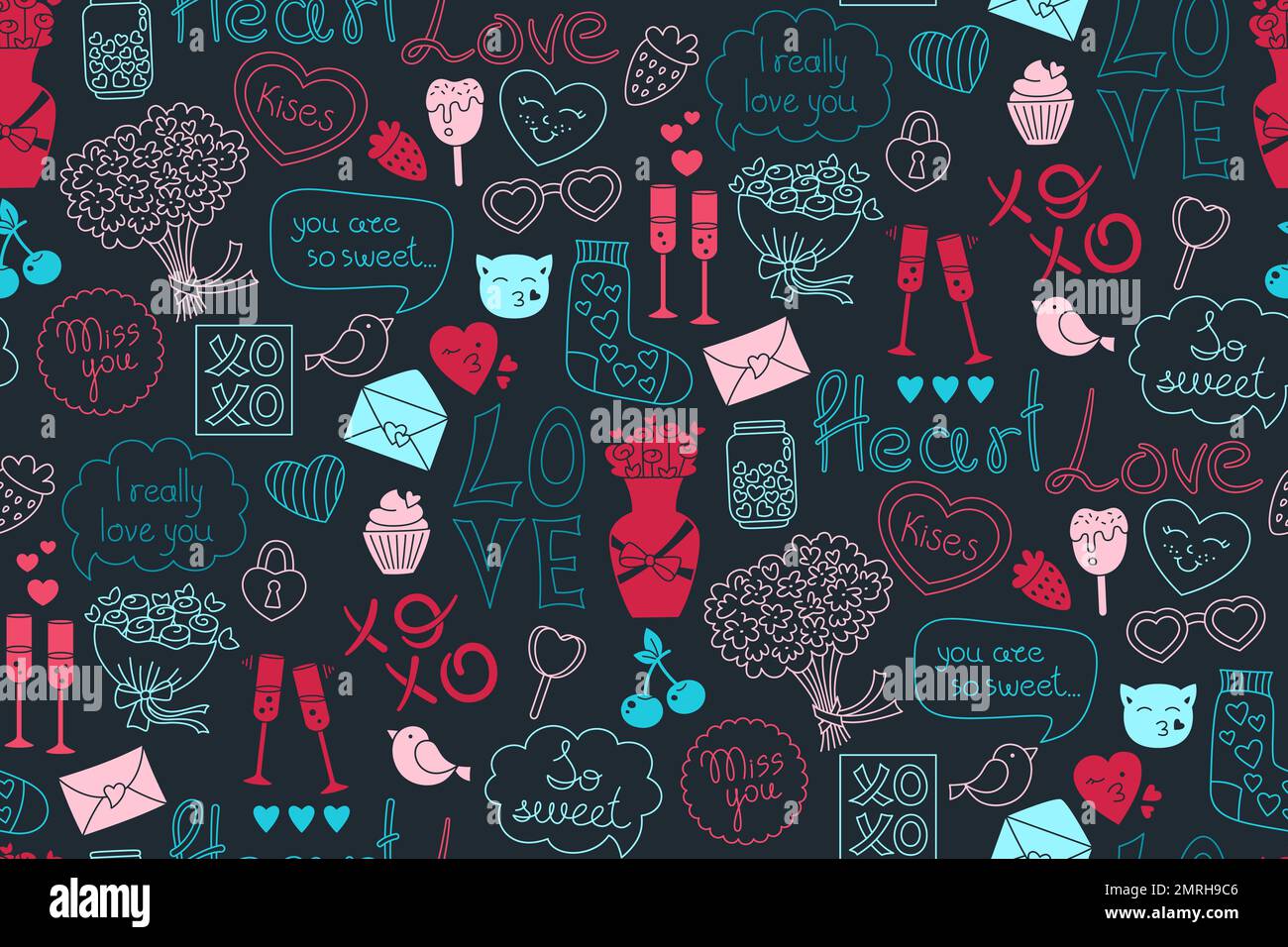 Valentines day linear doodle seamless pattern. Romantic background for ...