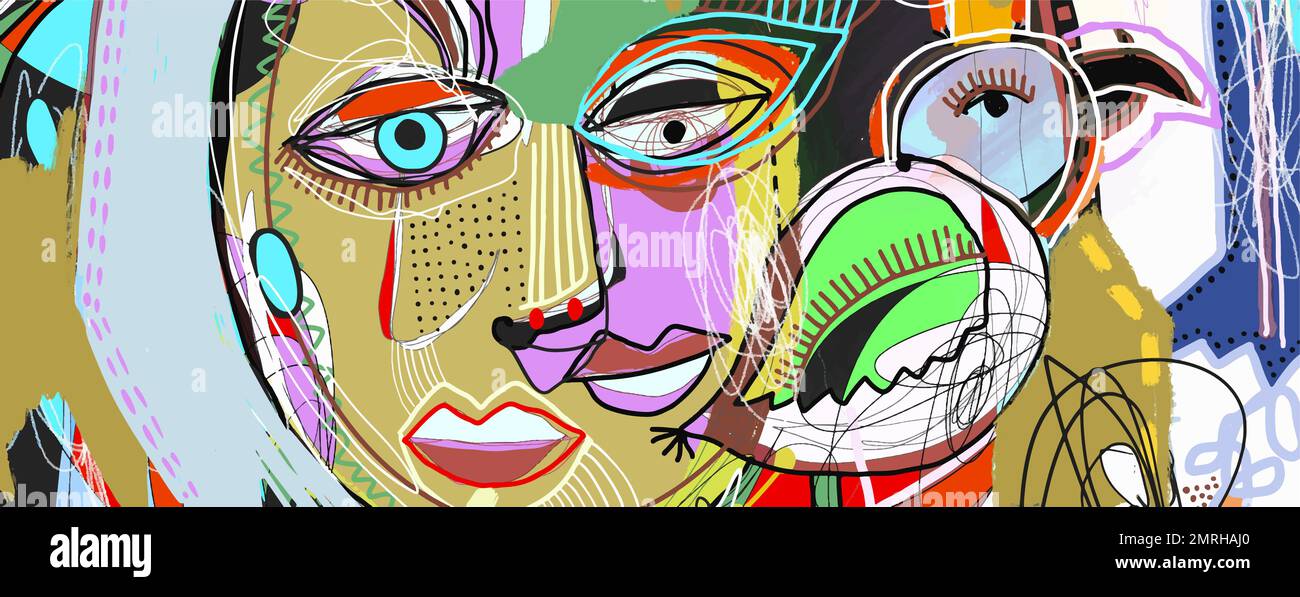 abstraction contemporary art of portrait human face and bird, digital ...