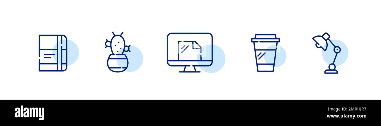 5 icons representing work space. Notebook, cactus in a flower pot, pc ...