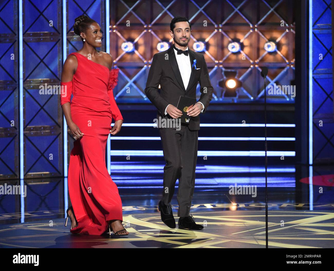 Issa Rae, left, and Riz Ahmed appear at the 69th Primetime Emmy Awards ...