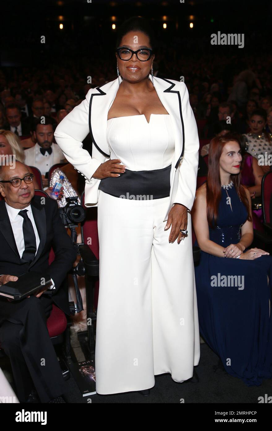 Oprah Winfrey poses in the audience at the 69th Primetime Emmy Awards ...