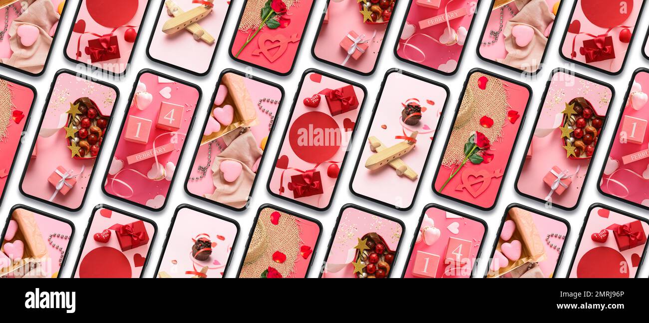 Pattern with mobile phones and different photos on white background ...