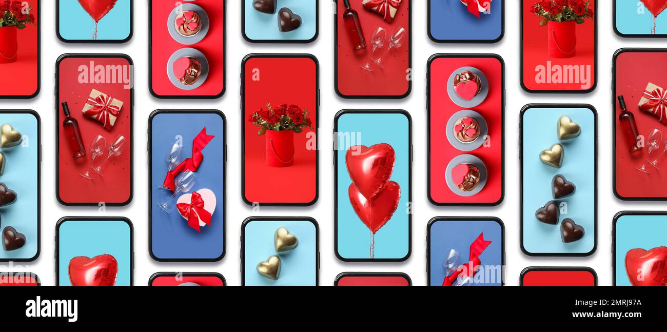 Pattern with mobile phones and different photos on white background ...