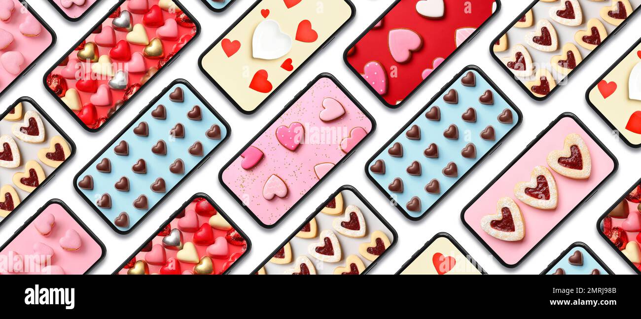 Pattern with mobile phones and different photos of desserts on white ...