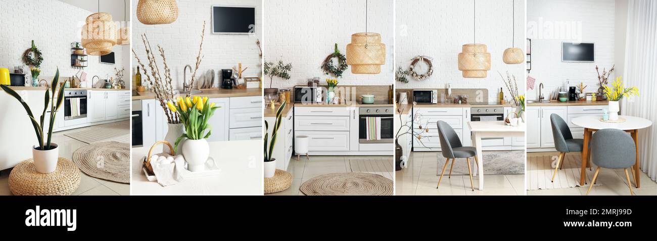 Collage of light kitchen interiors with Easter decor, white counters ...