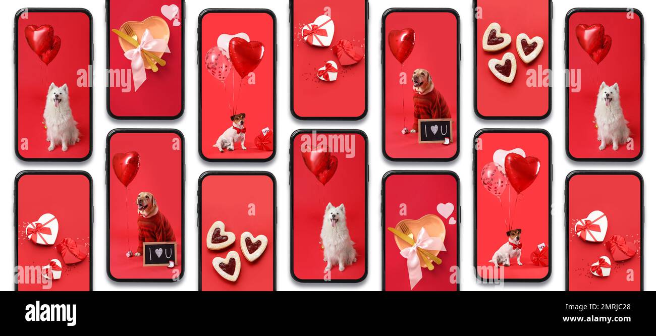 Pattern with mobile phones and different photos on white background ...
