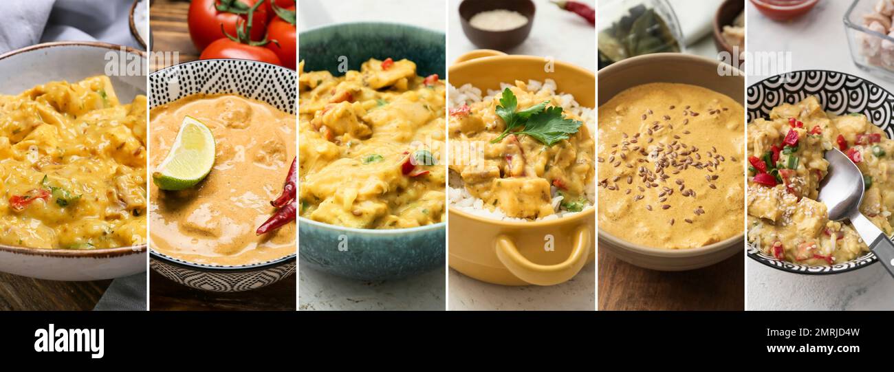 Collage of spicy chicken curry in bowls on table, closeup Stock Photo ...