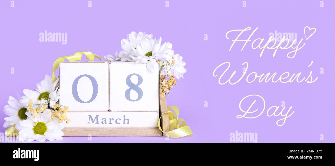 Greeting card for 8 March with calendar and flowers on lilac background ...