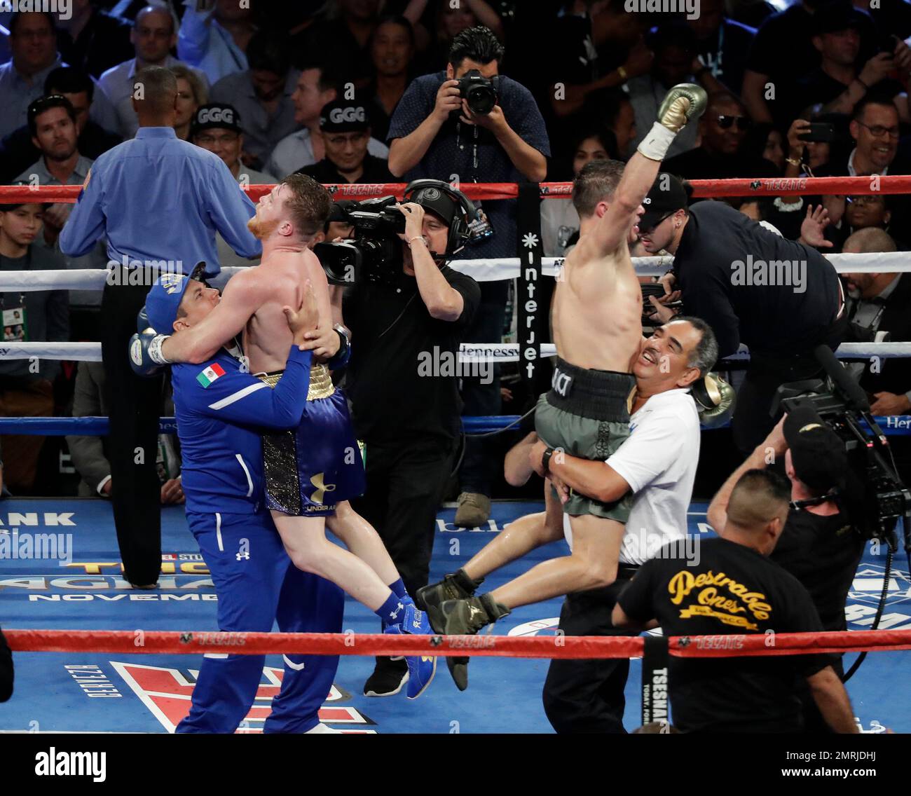Canelo Alvarez, left, and Gennady Golovkin celebrate following a ...