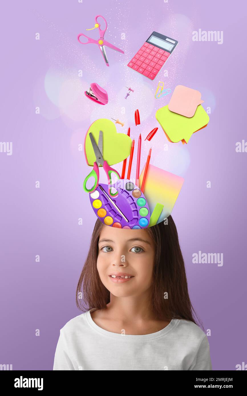 Set of school supplies flying out of girl's head on lilac background ...