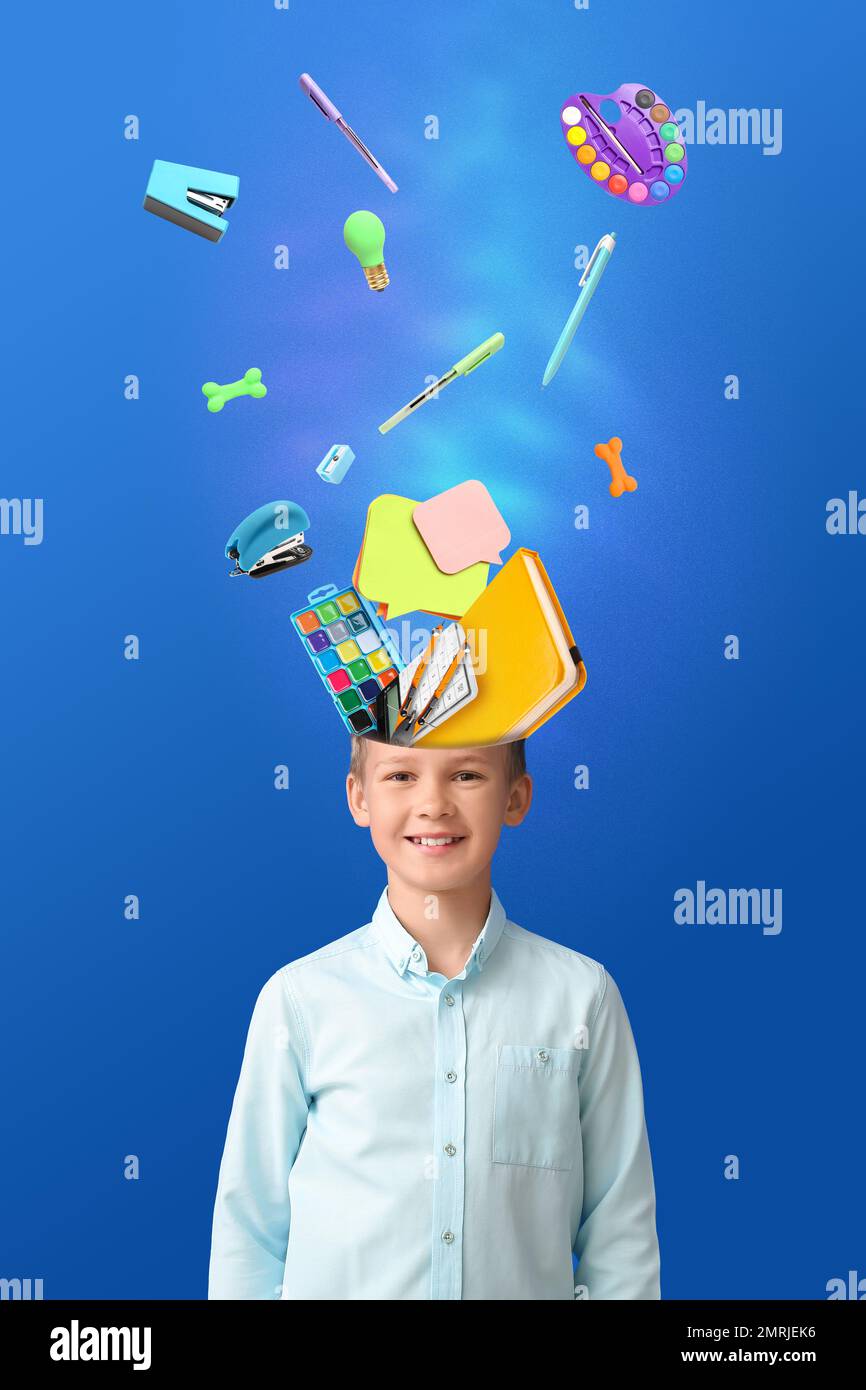 Set of school supplies flying out of boy's head on blue background ...