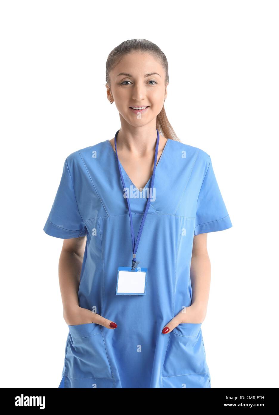 Female medical intern with badge on white background Stock Photo - Alamy