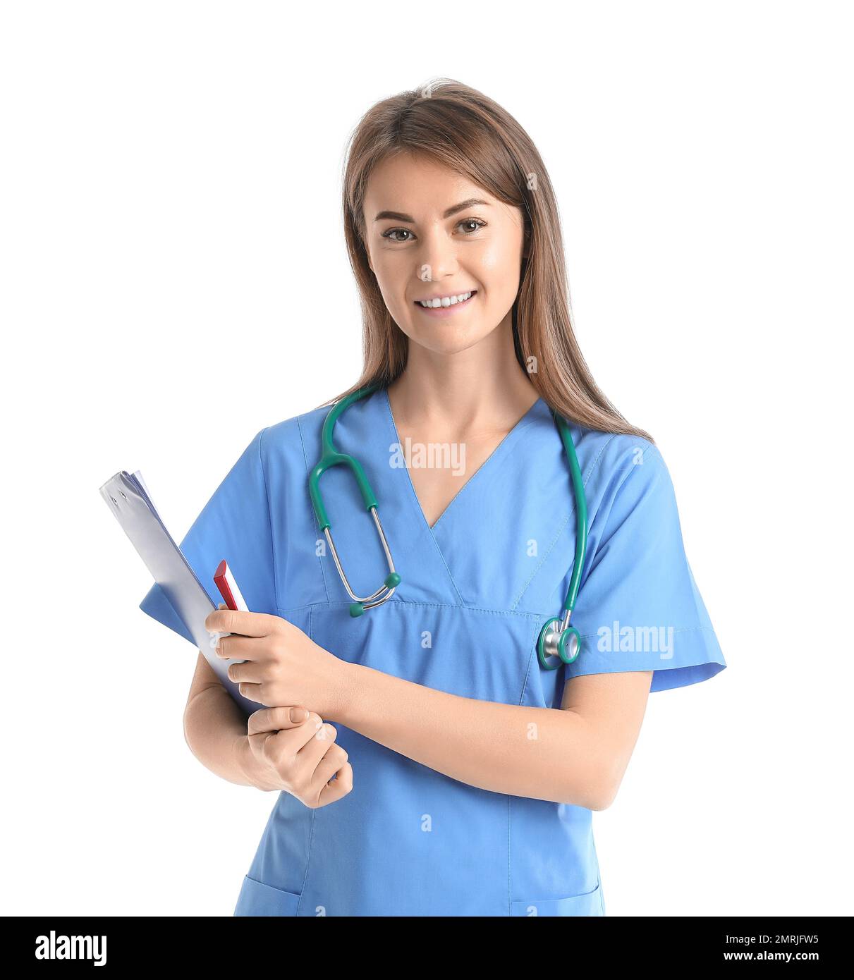 Female medical assistant with clipboard on white background Stock Photo ...