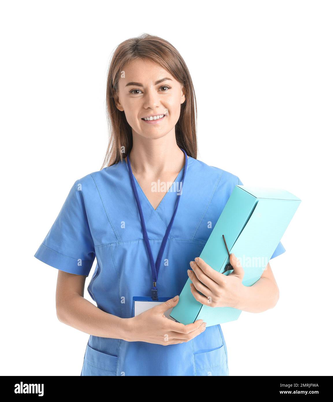 Female medical assistant with folder on white background Stock Photo ...