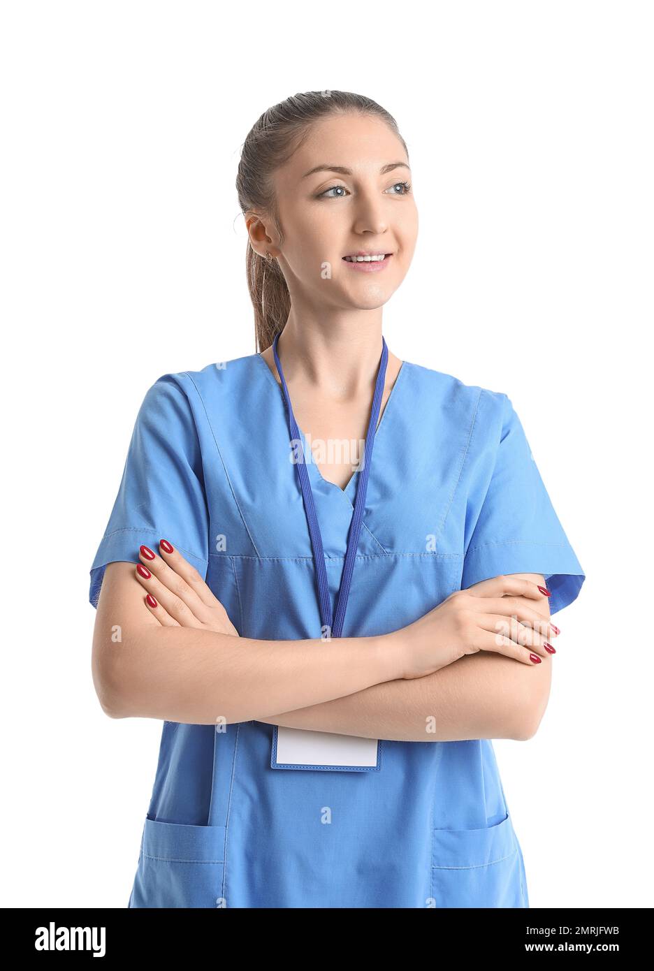 Female medical intern with badge on white background Stock Photo - Alamy
