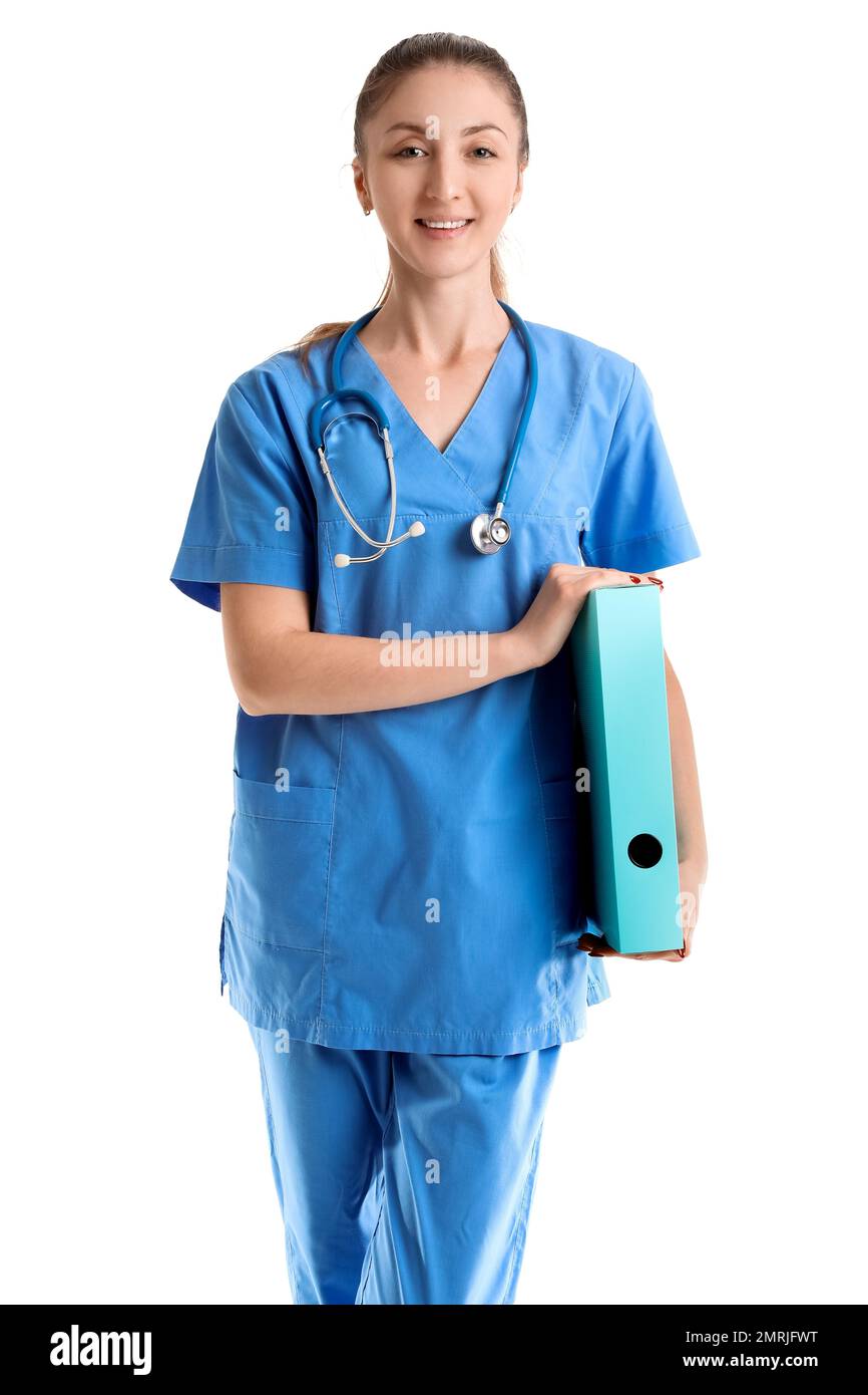 Female medical intern with folder on white background Stock Photo - Alamy