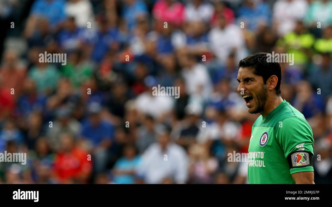 Cruz Azul goalkeeper Jesus Corona shouts at his teammates during a ...