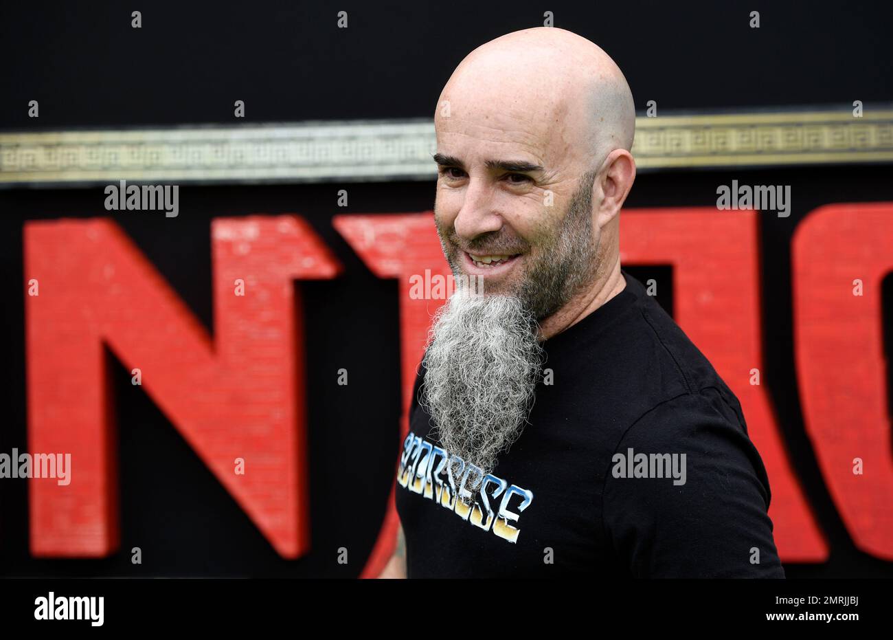 Scott Ian of Anthrax poses at the premiere of the film "The LEGO ...