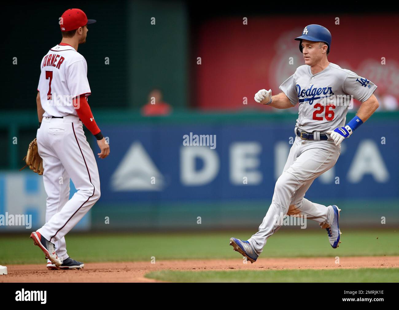 Los Angeles Dodgers' Chase Utley (26) runs towards second with a double ...