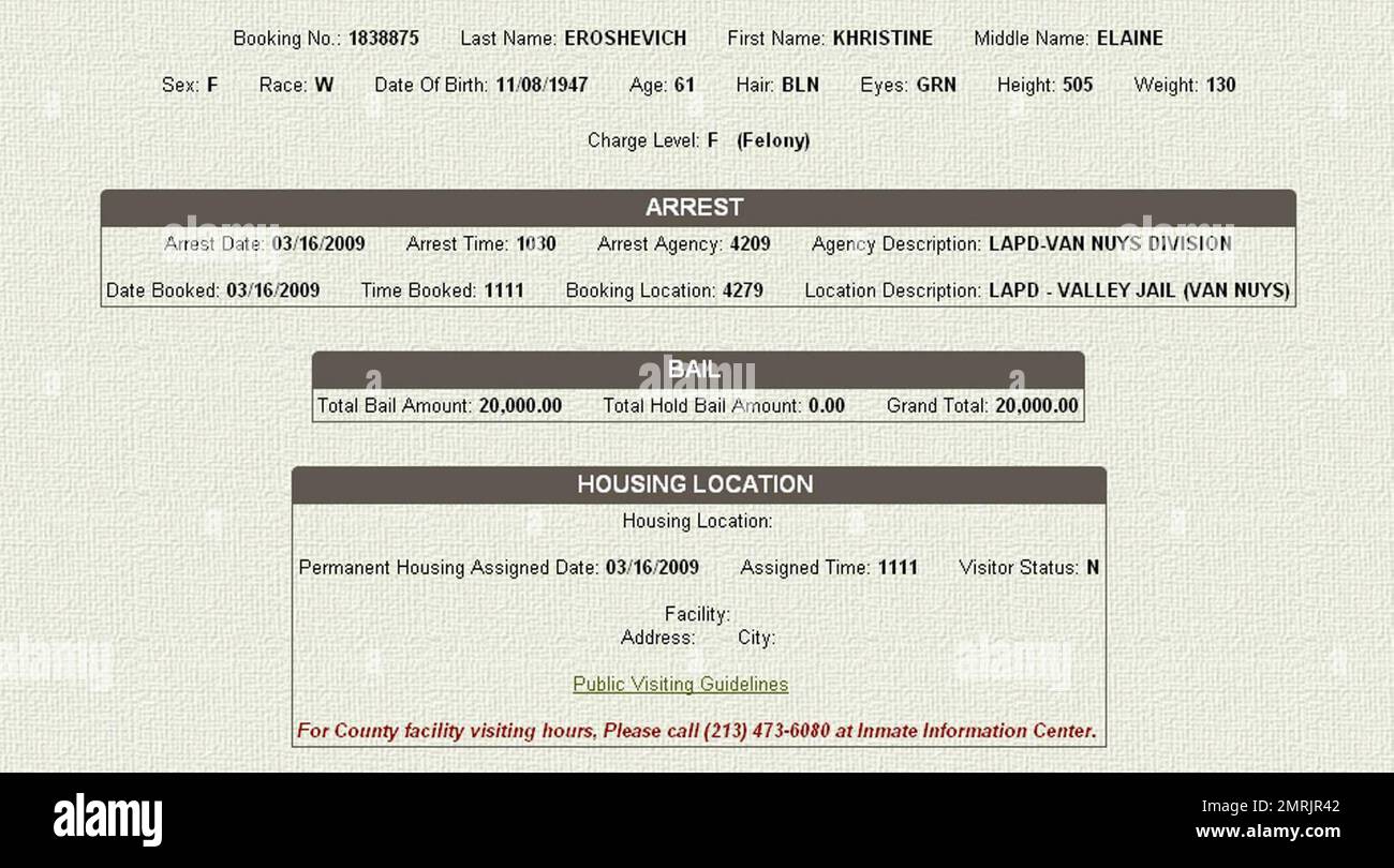This is the booking information from the LAPD for Anna Nicole Smith's ...
