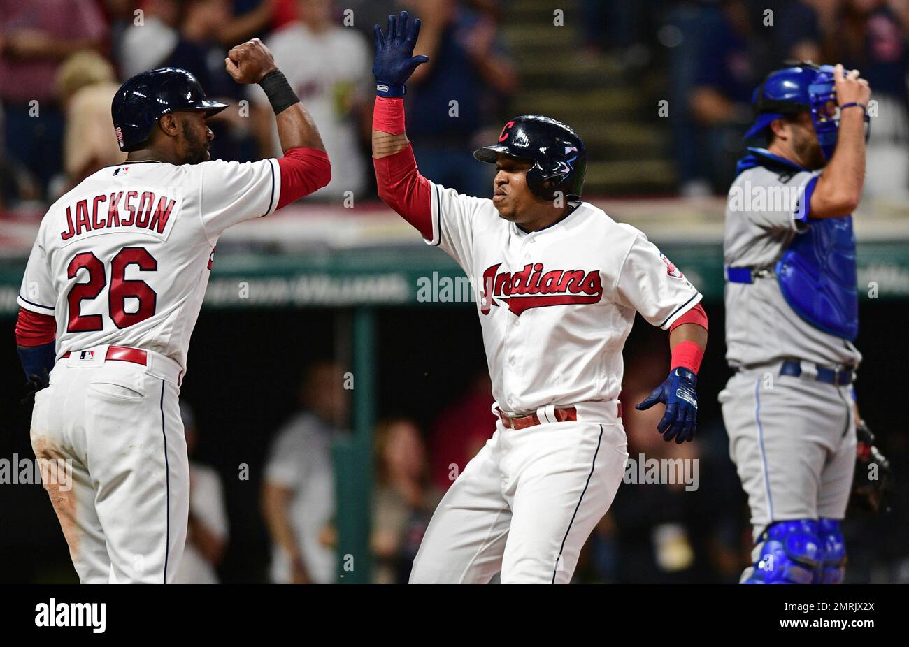 Cleveland Indians' Indians Jose Ramirez is congratulated by Austin ...