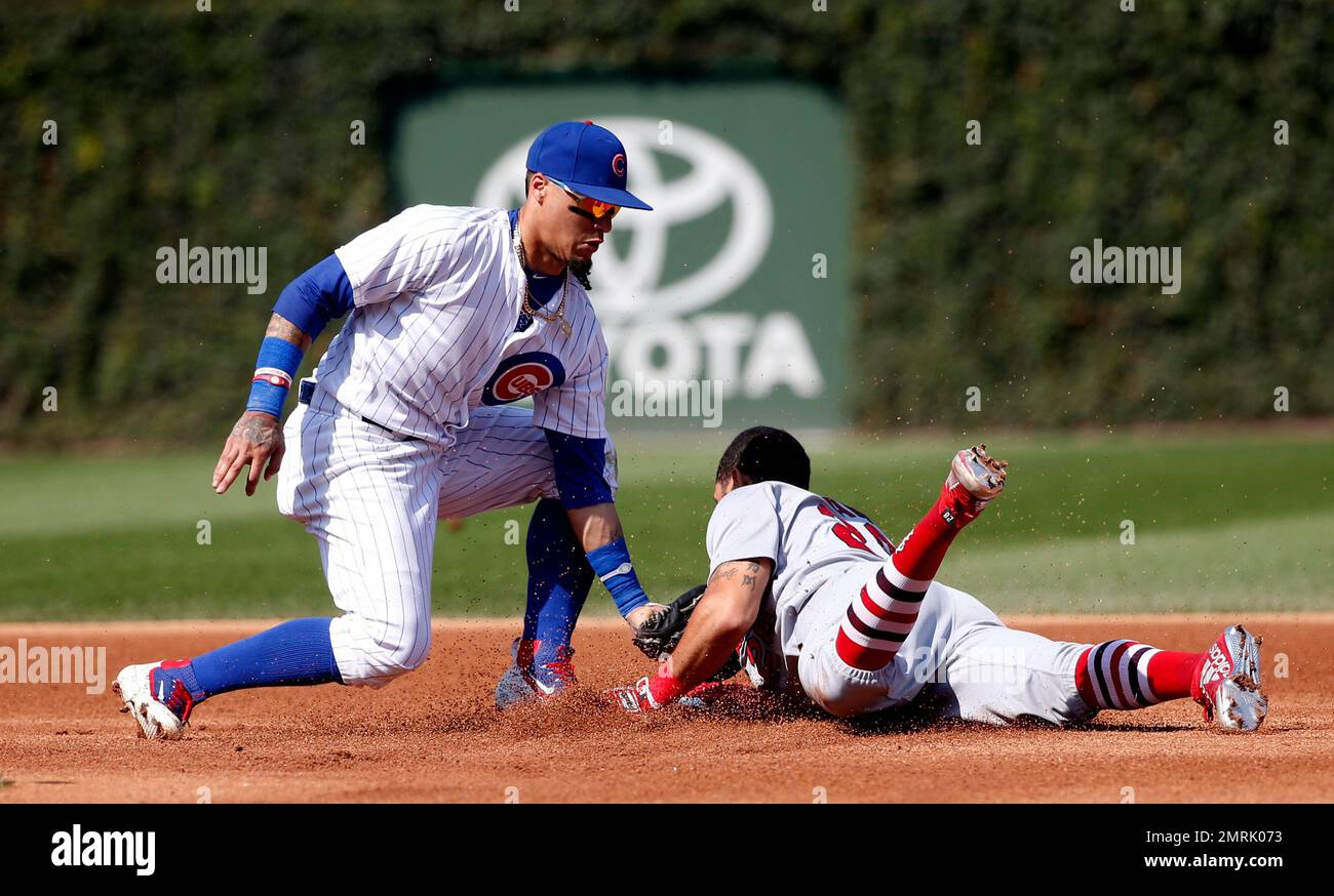 Chicago Cubs' Javier Baez, left, catches St. Louis Cardinals' Tommy ...