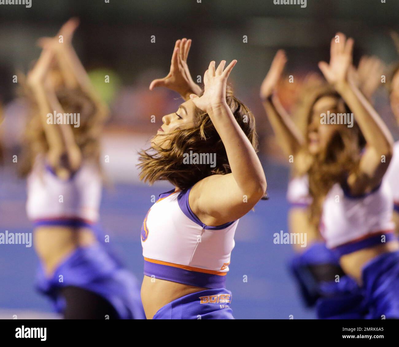 Boise State cheerleaders perform during the second half of an NCAA ...