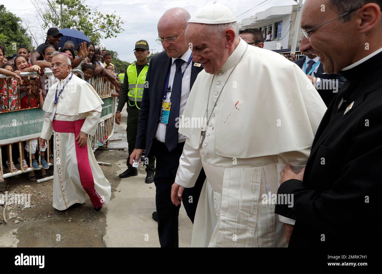 In this Sunday, Sept. 10, 2017 photo, small drops of blood stain Pope ...