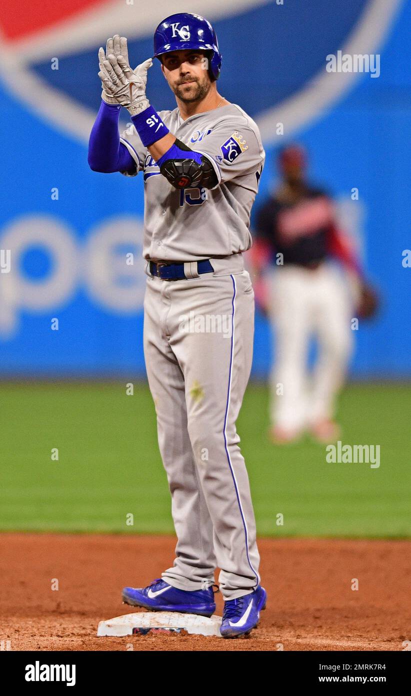 Kansas City Royals' Whit Merrifield celebrates after hitting a double ...