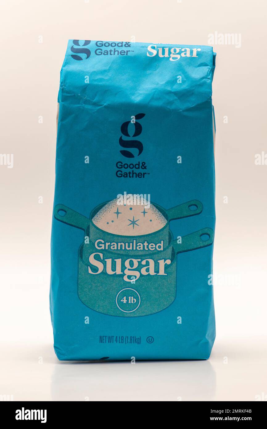 A store brand bag of granulated sugar from Target on white background ...