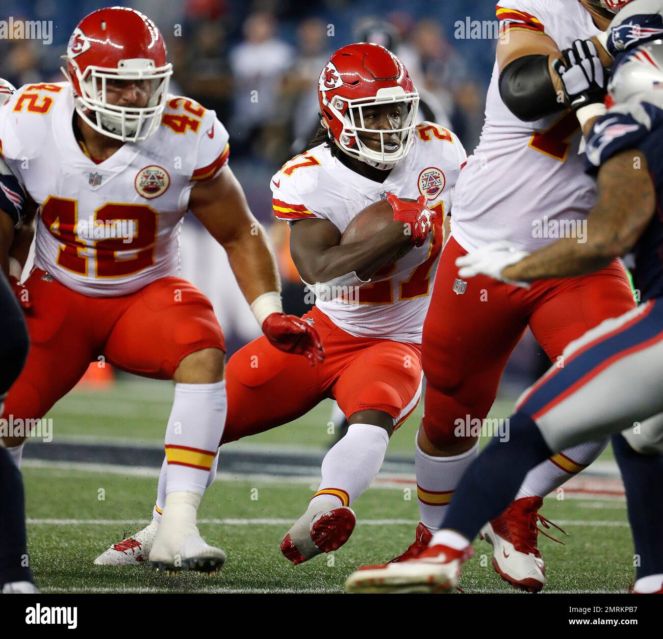 Kansas City Chiefs running back Kareem Hunt runs during an NFL football game against the New ...