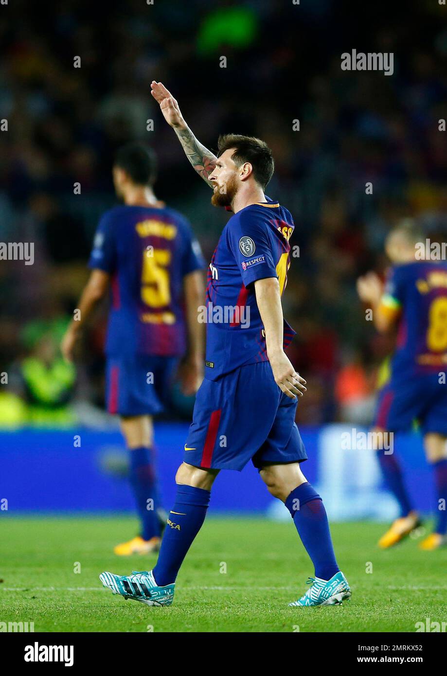 Barcelona's Lionel Messi celebrates scoring his side's 3rd goal during ...