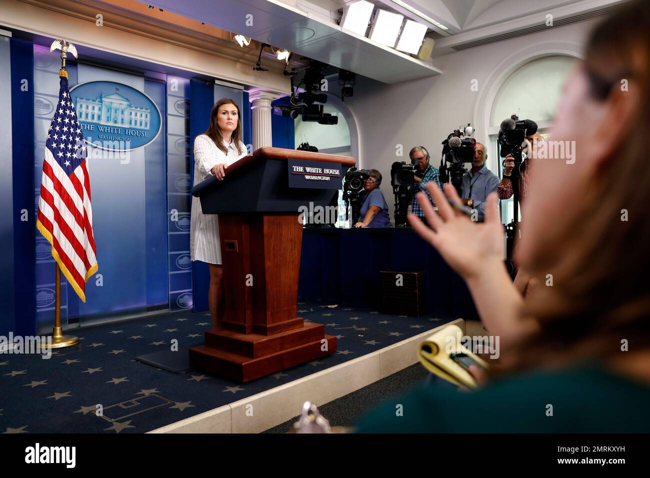Hallie Jackson, right, NBC's Chief White House correspondent, asks a ...