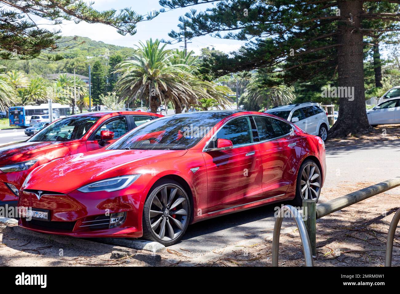 Tesla Model S car, 2016 year model, parked at a Sydney beach car park ...
