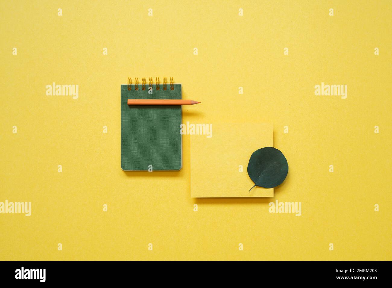 Green notepad, memo paper, color pencil isolated on yellow background ...