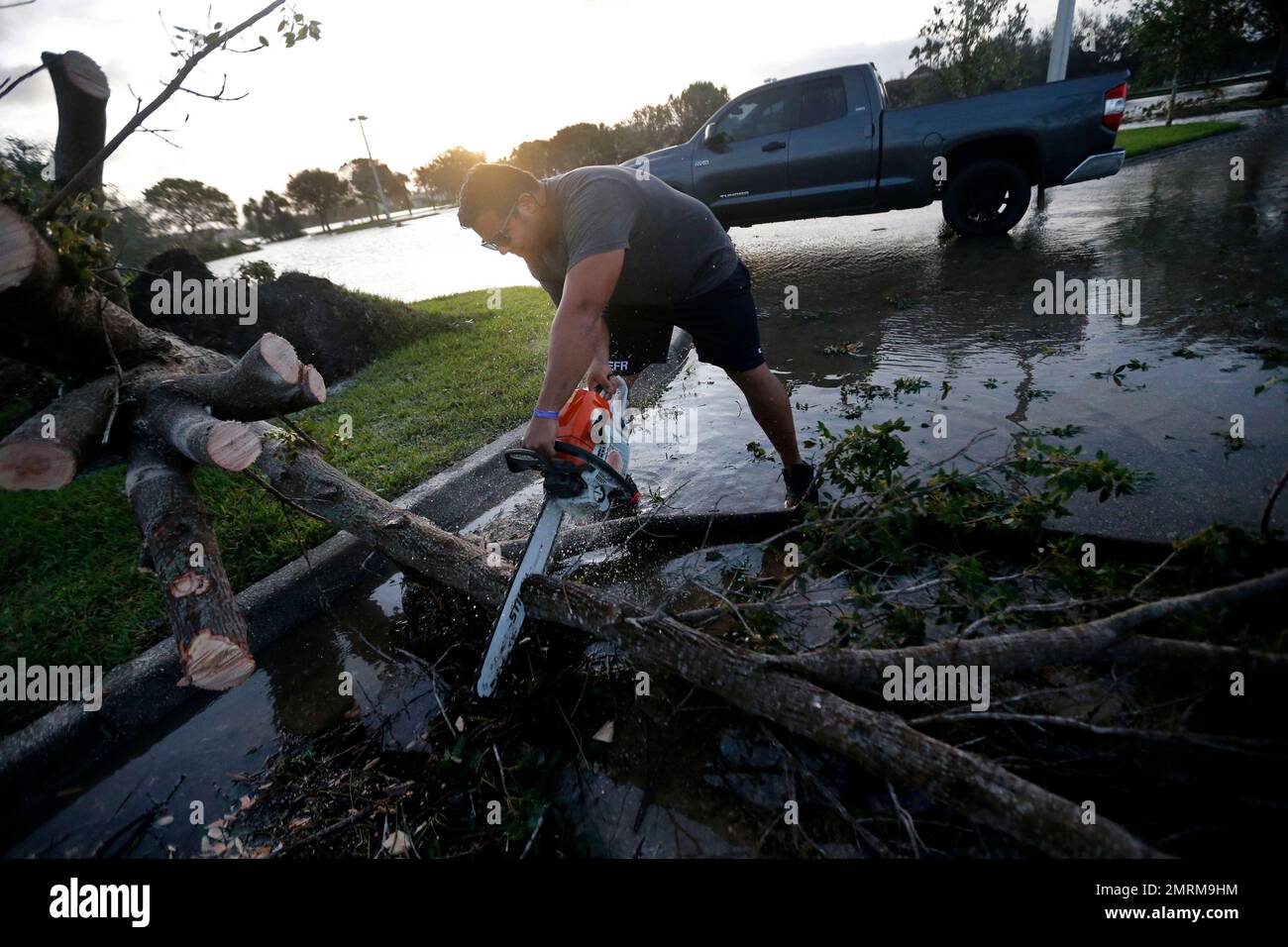 Members of the Estero Fire Department clear trees blocking roadways on ...