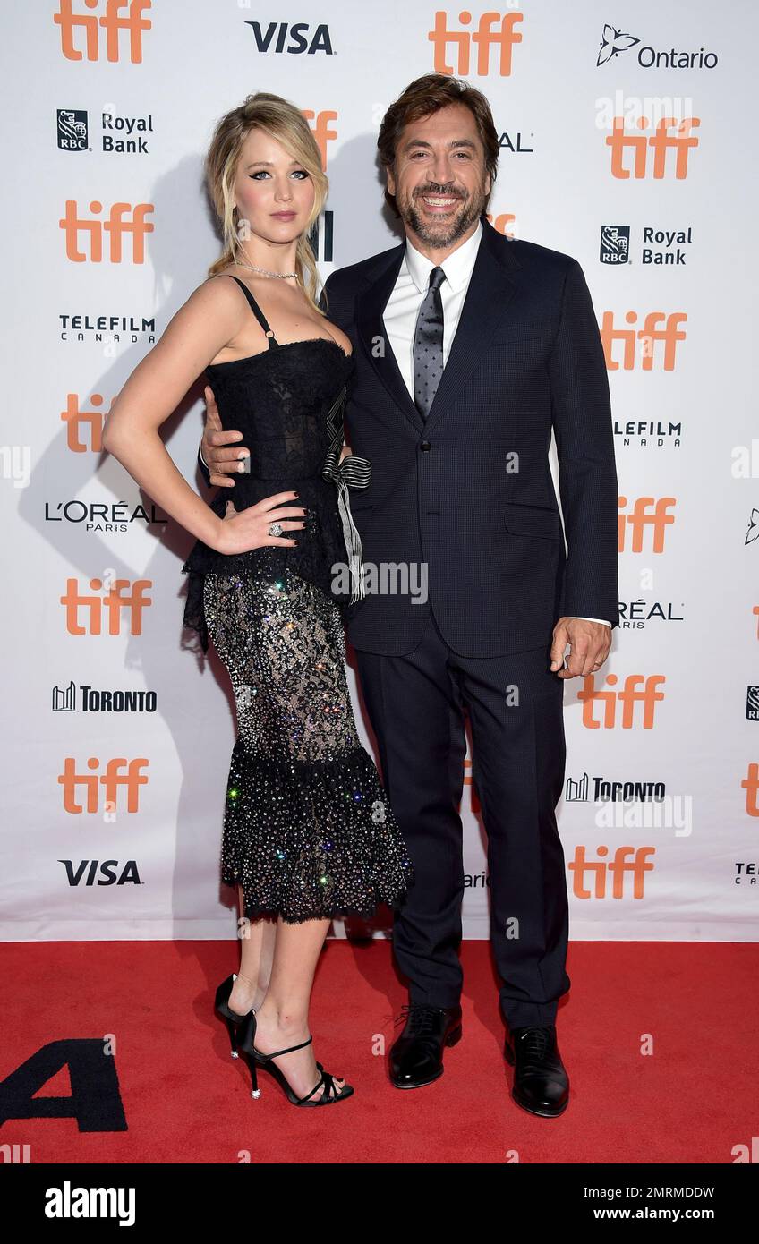 Actors Jennifer Lawrence, left, and Javier Bardem attend the "Mother ...